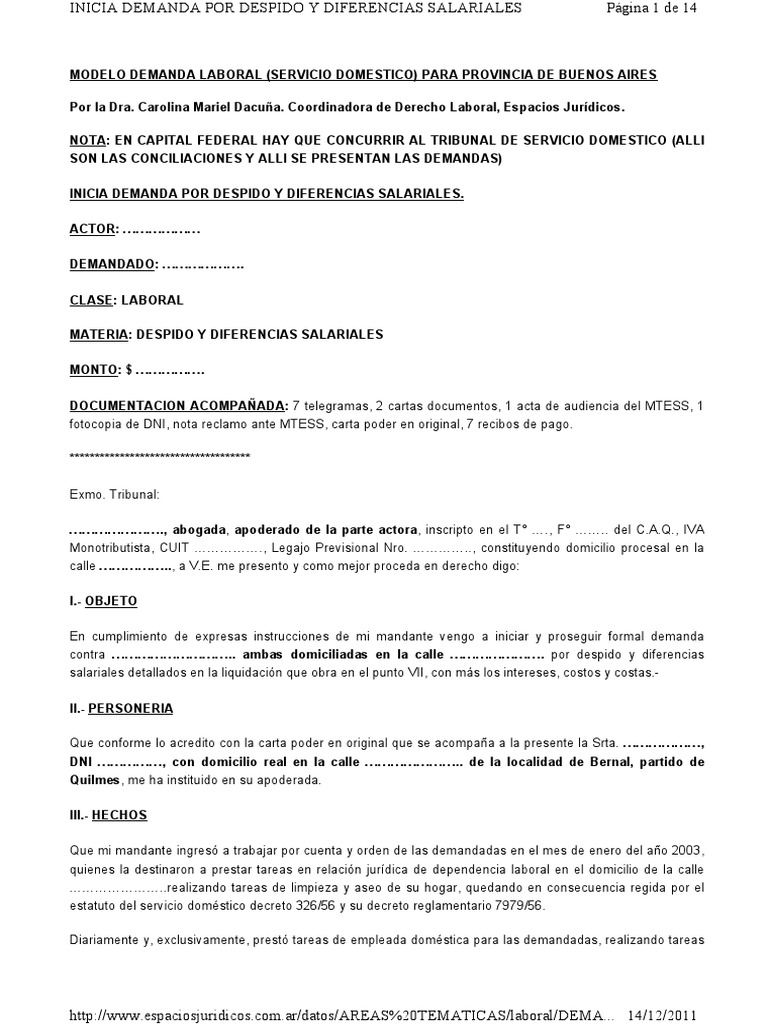 Modelo de Demanda Laboral | Derecho laboral | Caso de ley | Prueba ...