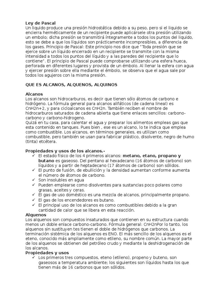 Ley de Pascal | PDF | Alcano | Alqueno