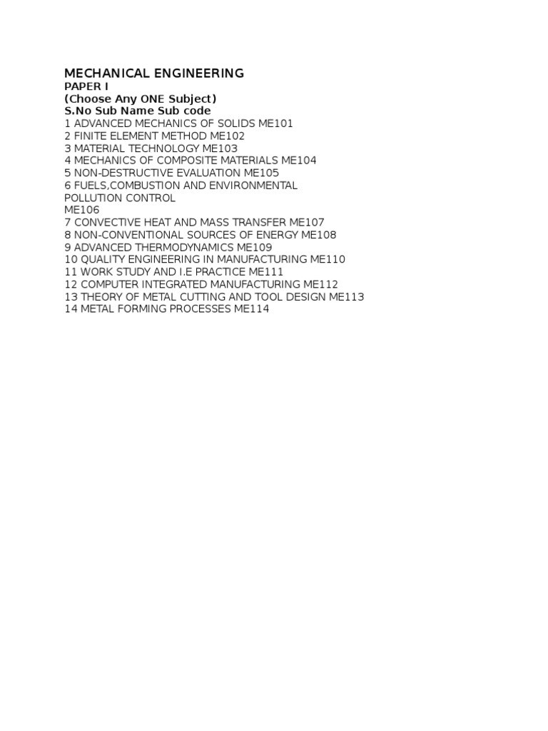 Mechanical Engineering Subjects List | PDF