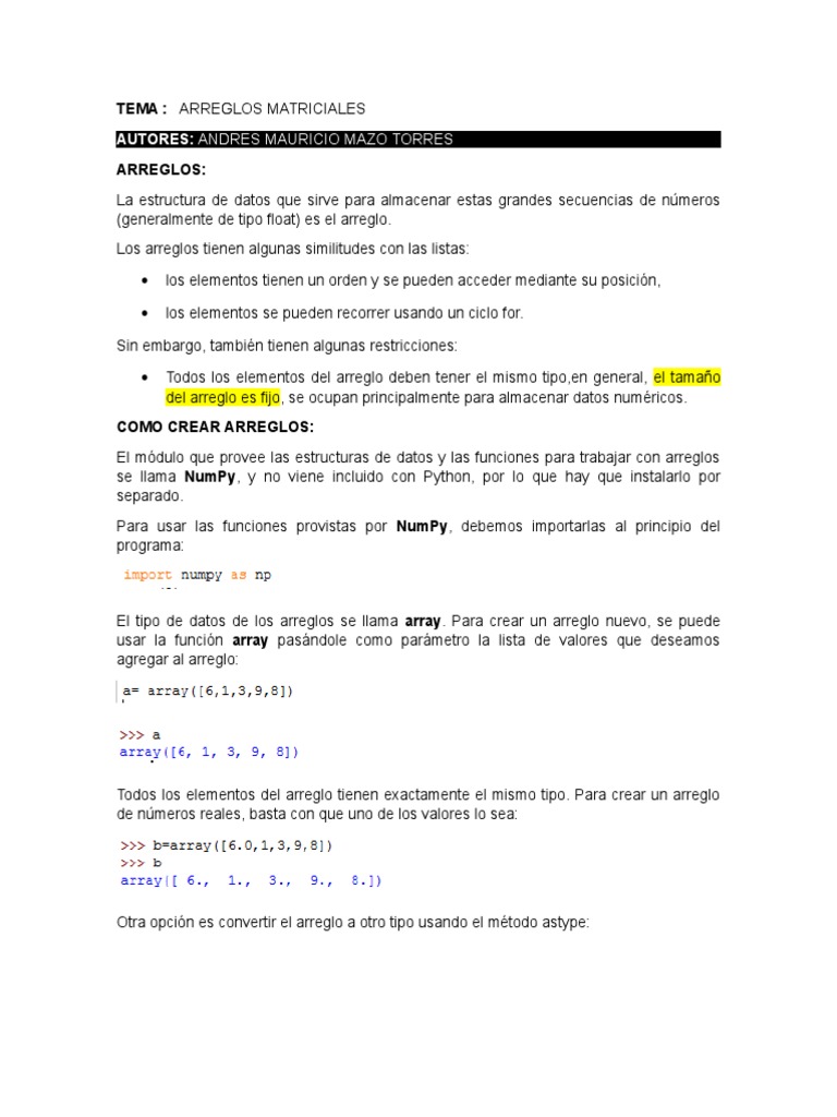 Objeto Array En Numpy Python Pdf Estructura De Datos De Matriz Python Lenguaje De