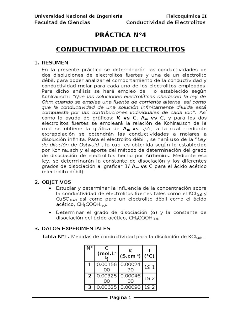 Fisicoquímica II - Conductividad de Electrolitos | PDF | Resistividad Eléctrica y Conductividad ...