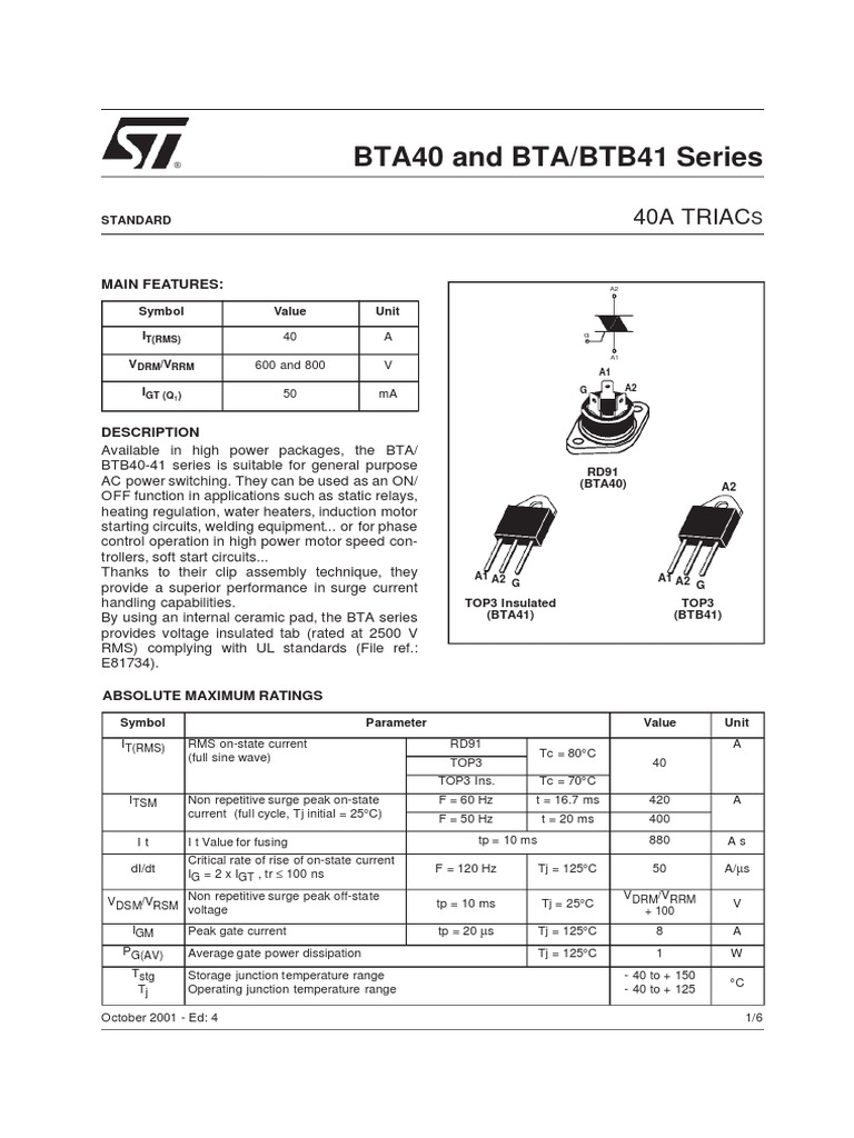 Data Sheet Triac - Bta41-800b - To - btb41-800b | PDF | Root Mean Square | Electrical Components