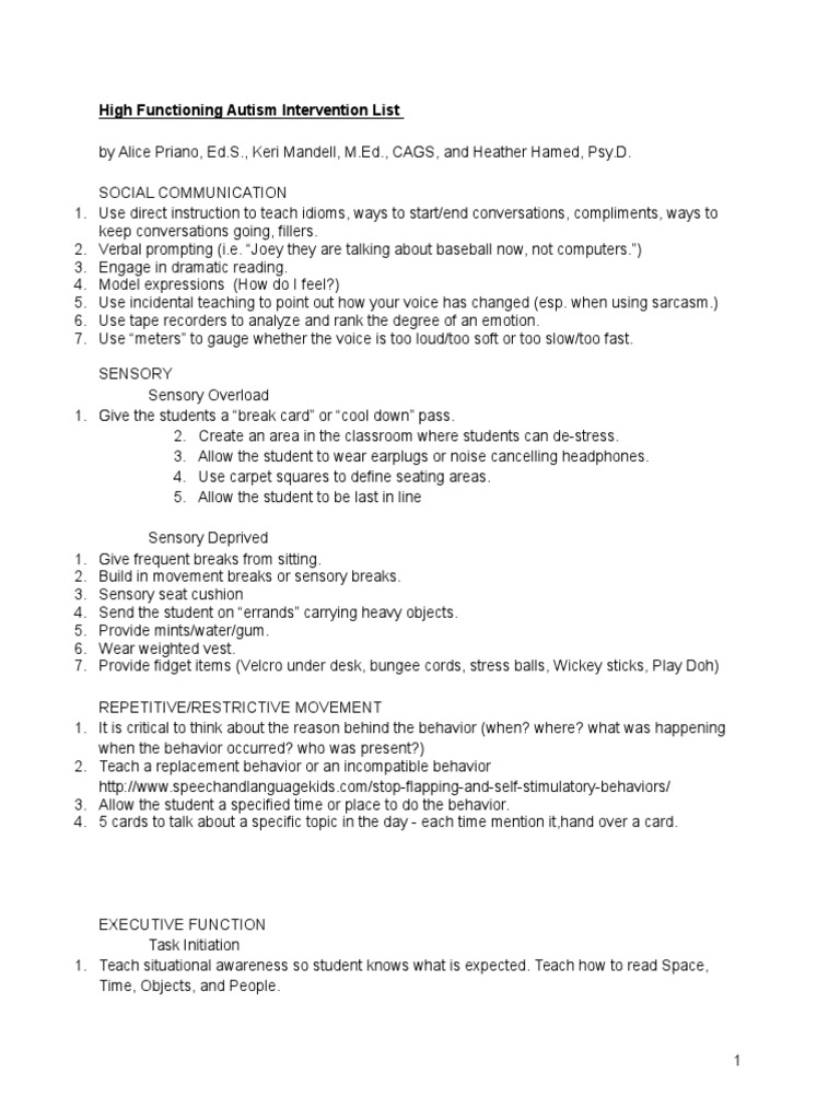 High Functioning Autism Intervention Guide | PDF | Nonverbal ...