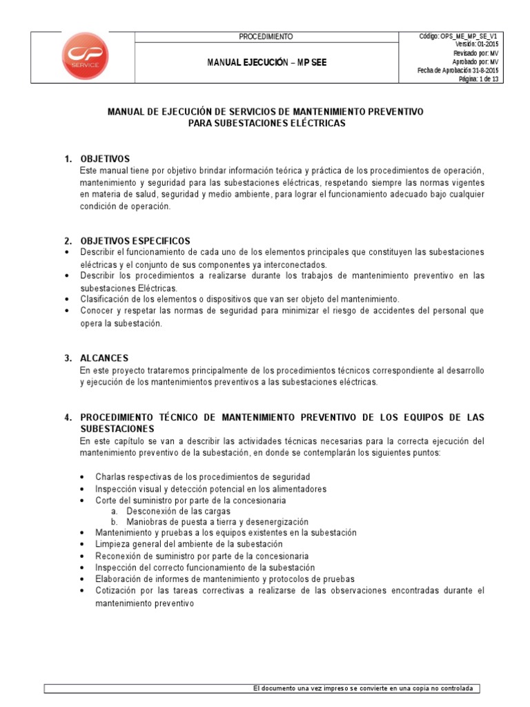 Manual de Ejecución de Mantenimiento Preventivo de Subestaciones Eléctricas | PDF | Subestacion ...