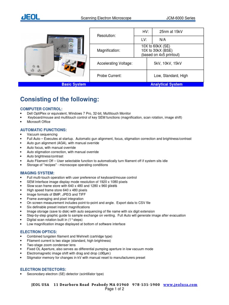 Especificaciones Tecnicas Jeol JCM-6000 Ingles | PDF | Scanning ...
