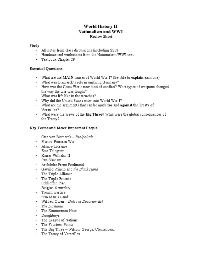 Nationalism and WWI Study Guide | PDF | World War I | Diplomacy