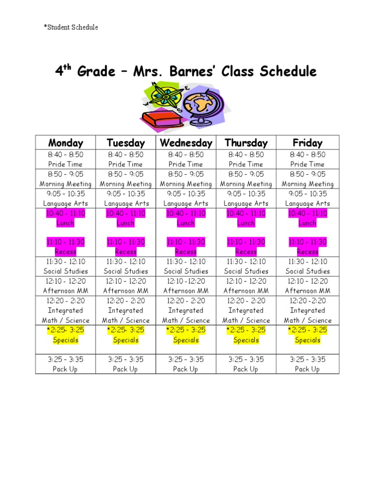 4th Grade Class Schedule Overview | PDF