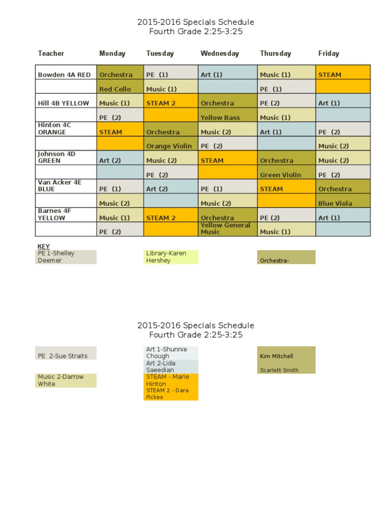 Fourth Grade Specials Schedule 2015-2016 | PDF | Art