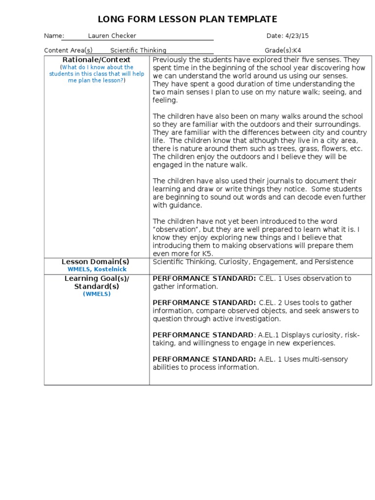 Long Form Lesson Plan Template: Name: Lauren Checker Date: 4/23/15 ...
