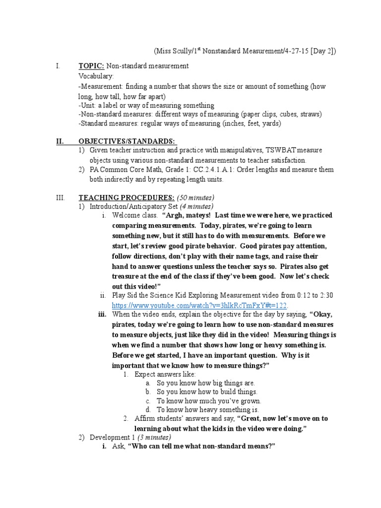 Non-Standard Measurement Activities for Grade 1 | PDF | Teaching And ...