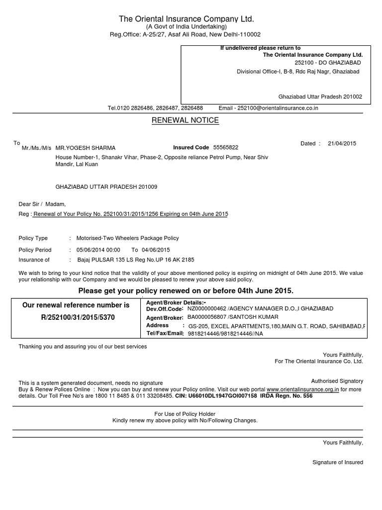 The Oriental Insurance Company LTD.: Renewal Notice | PDF | Insurance ...
