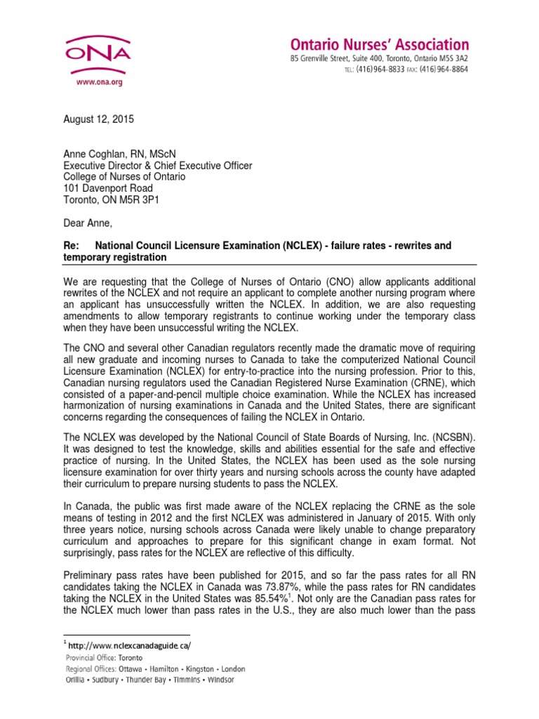 ONA NCLEX Letter To CNO | PDF | National Council Licensure Examination ...