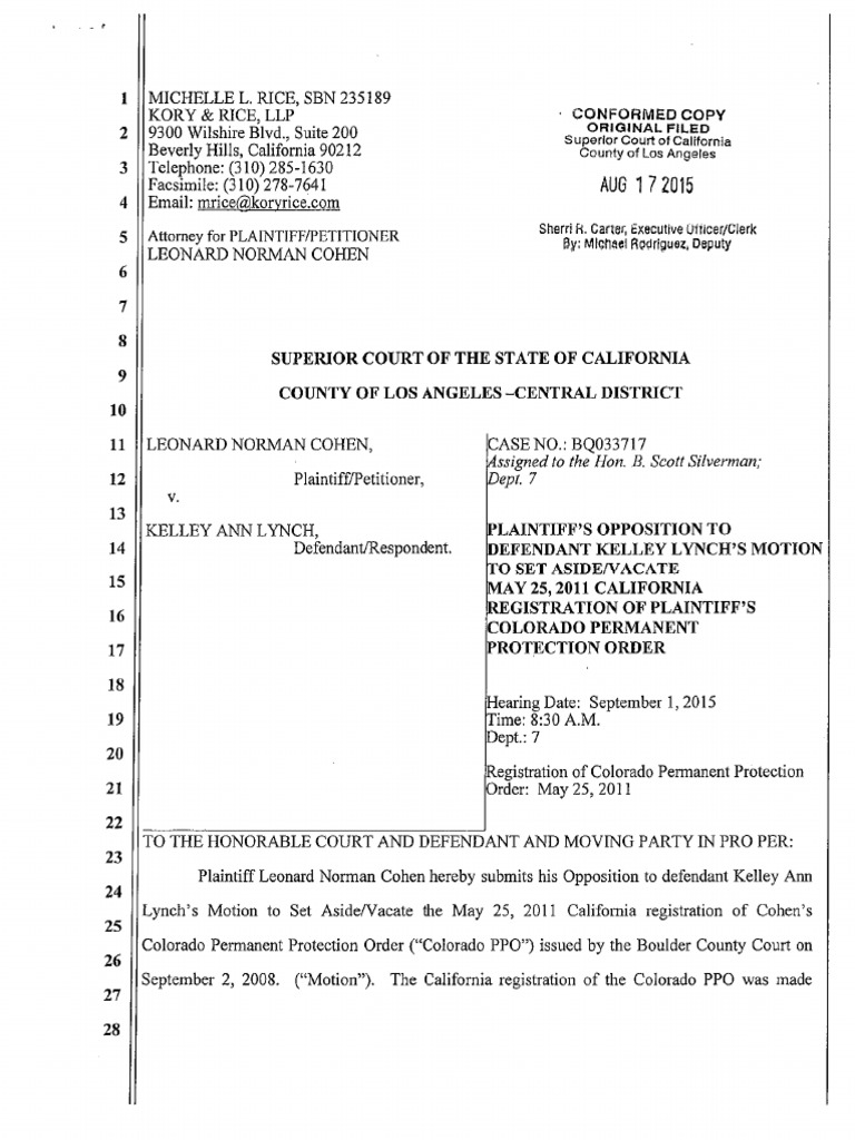 Plaintiff's Opposition To Motion To Vacate Restraining Order.8.17.15.Conformed | PDF