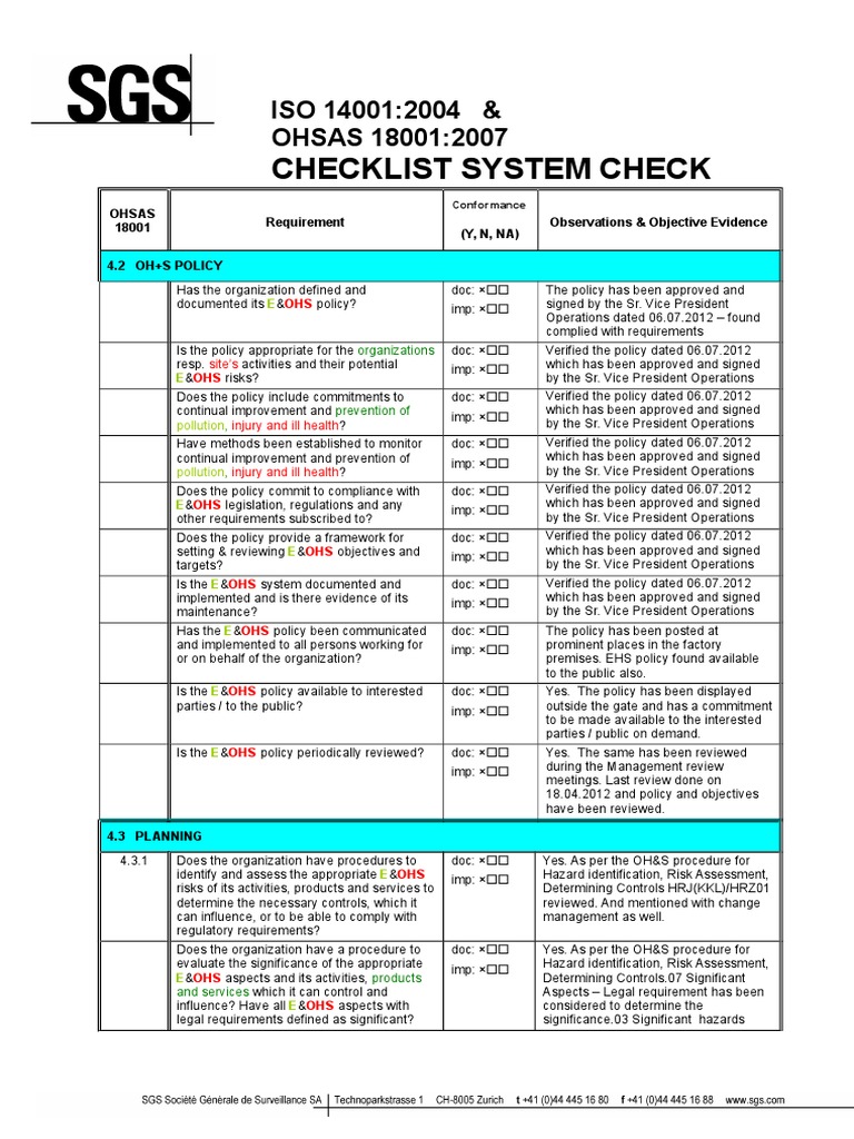 OHSAS 18001 and ISO 14001 System Checklist | Emergency | Occupational ...