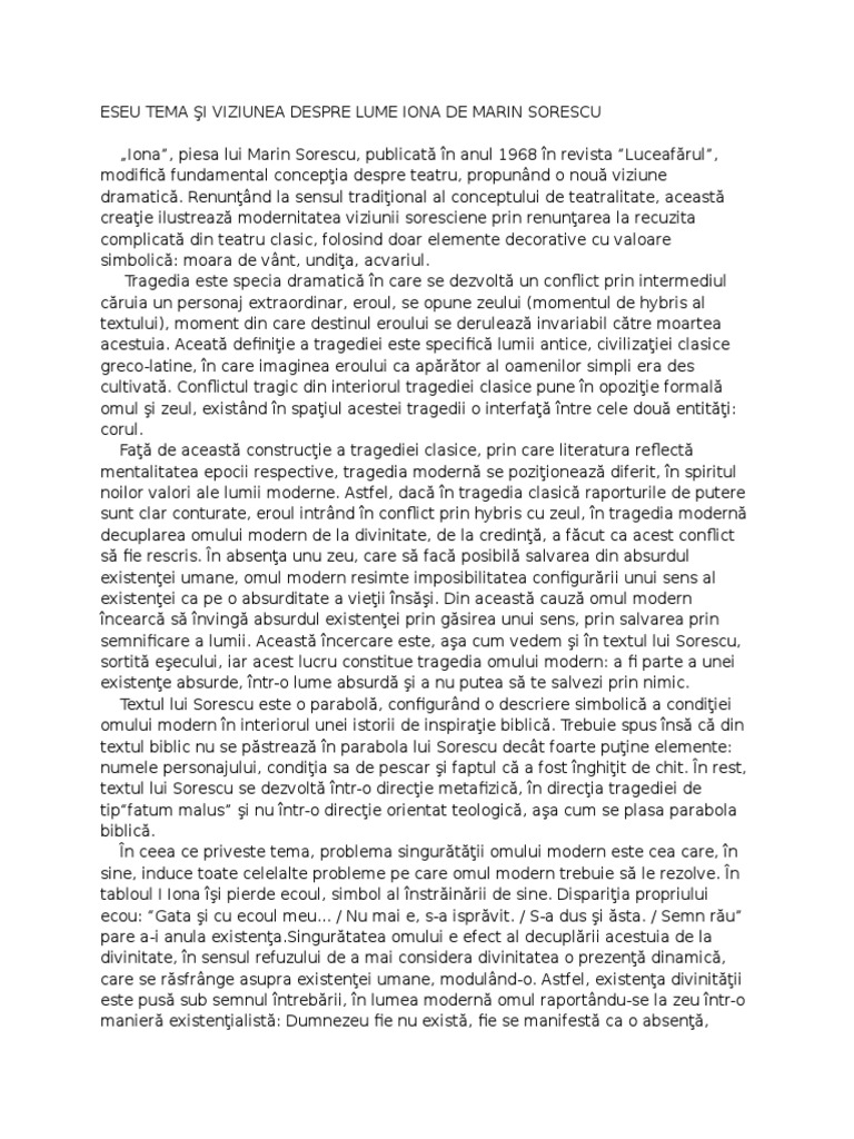 Eseu Tema Şi Viziunea Despre Lume Iona de Marin Sorescu | PDF