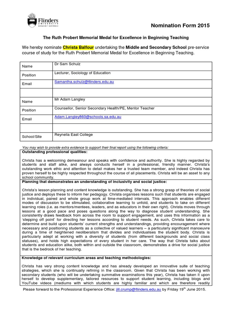 Nomination for Ruth Probert Medal | PDF | Educational Assessment ...