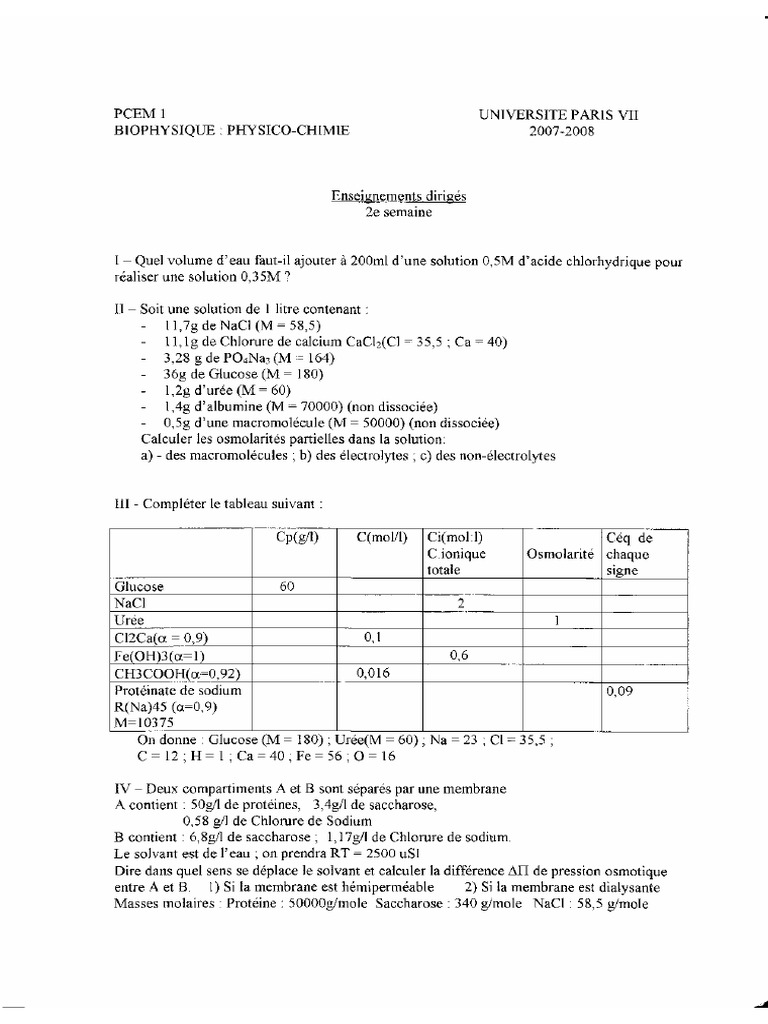 TD 2 Biophysique Corrig | PDF | Dissociation (chimie) | Osmose