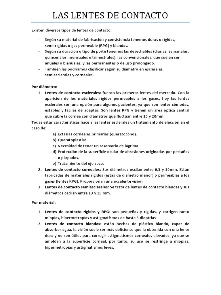 Tipos y ventajas de lentes de contacto | PDF | Lentes de contacto | Lentes
