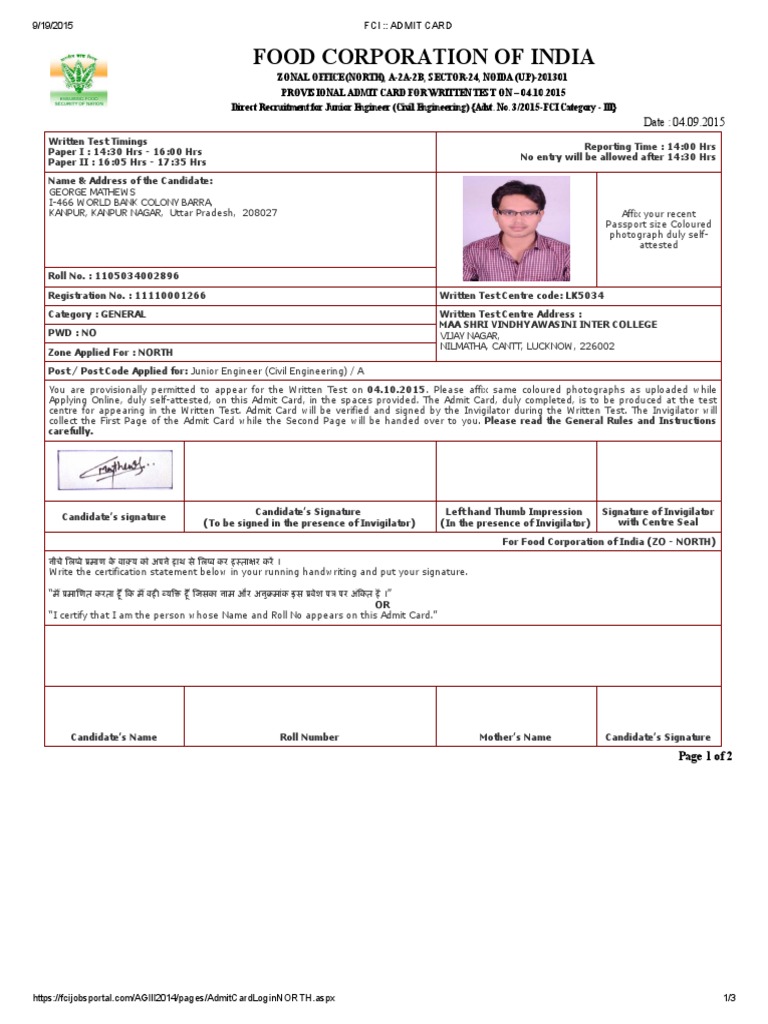 Fci - Admit Card | PDF | Identity Document | Test (Assessment)
