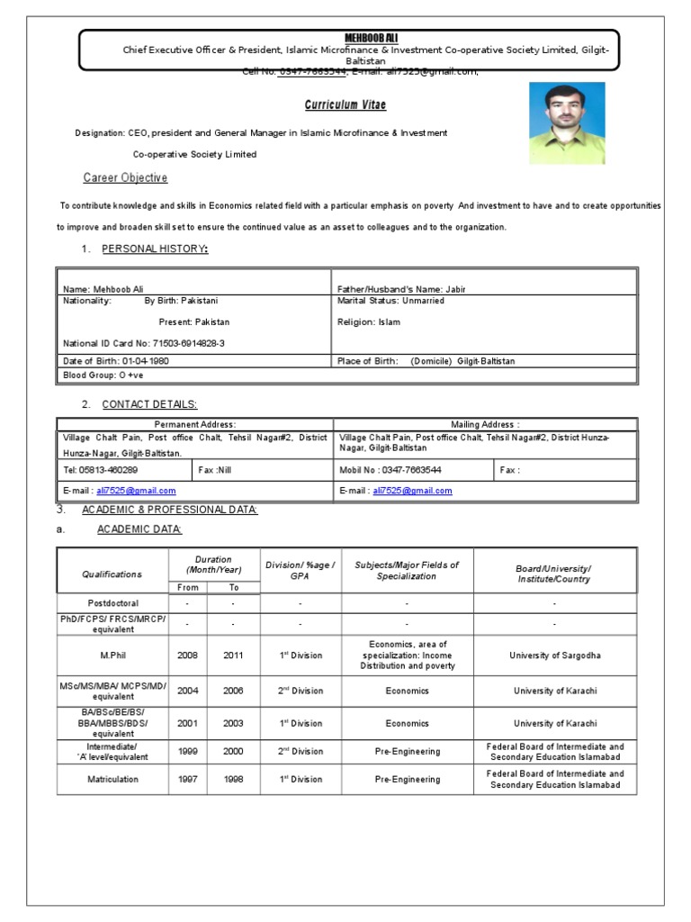 CV (Mehboob) in Small Size | PDF | Master Of Science | Bachelor Of Science