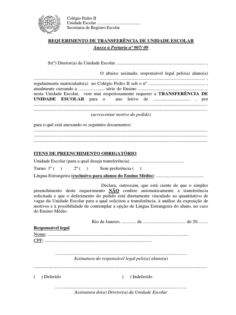 Requerimento de Transferência de Unidade Escolar | PDF