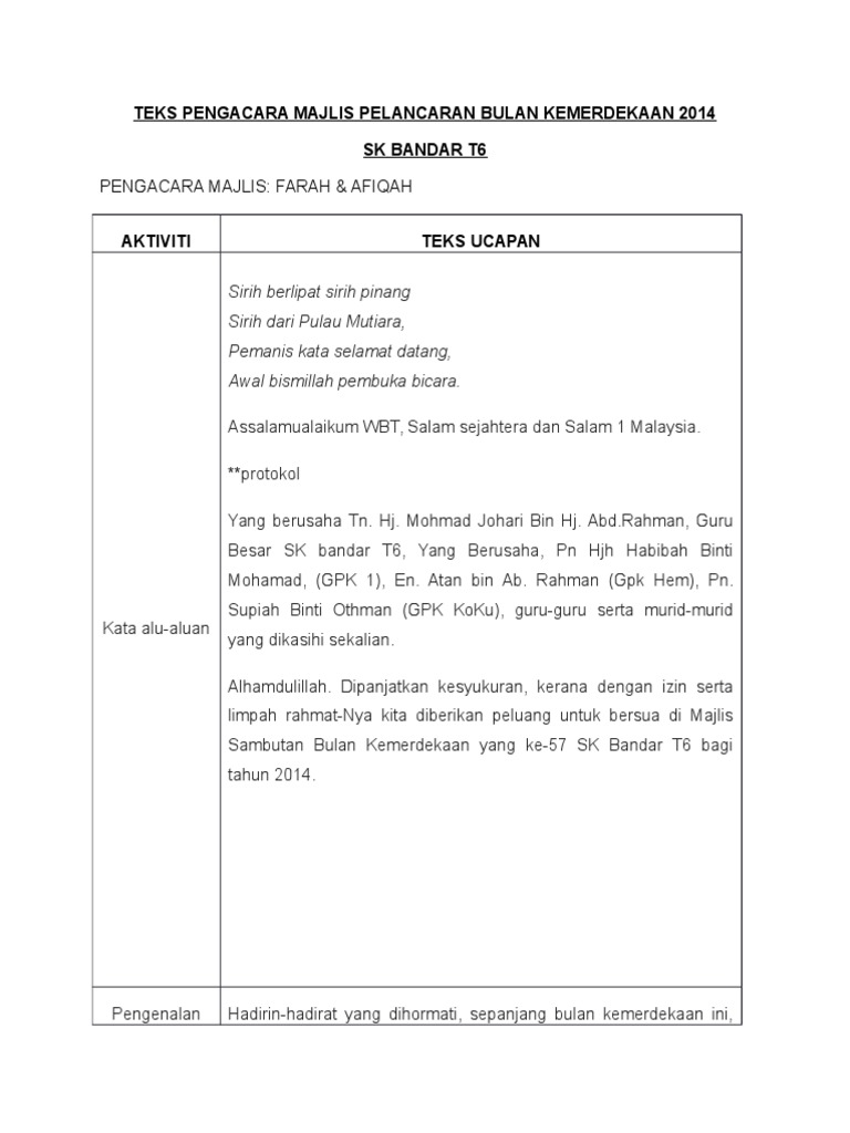 Teks Pengacara Majlis Pelancaran Bulan Kemerdekaan | PDF Teks Pengacara Majlis Pelancaran Bulan Kemerdekaan | PDF
