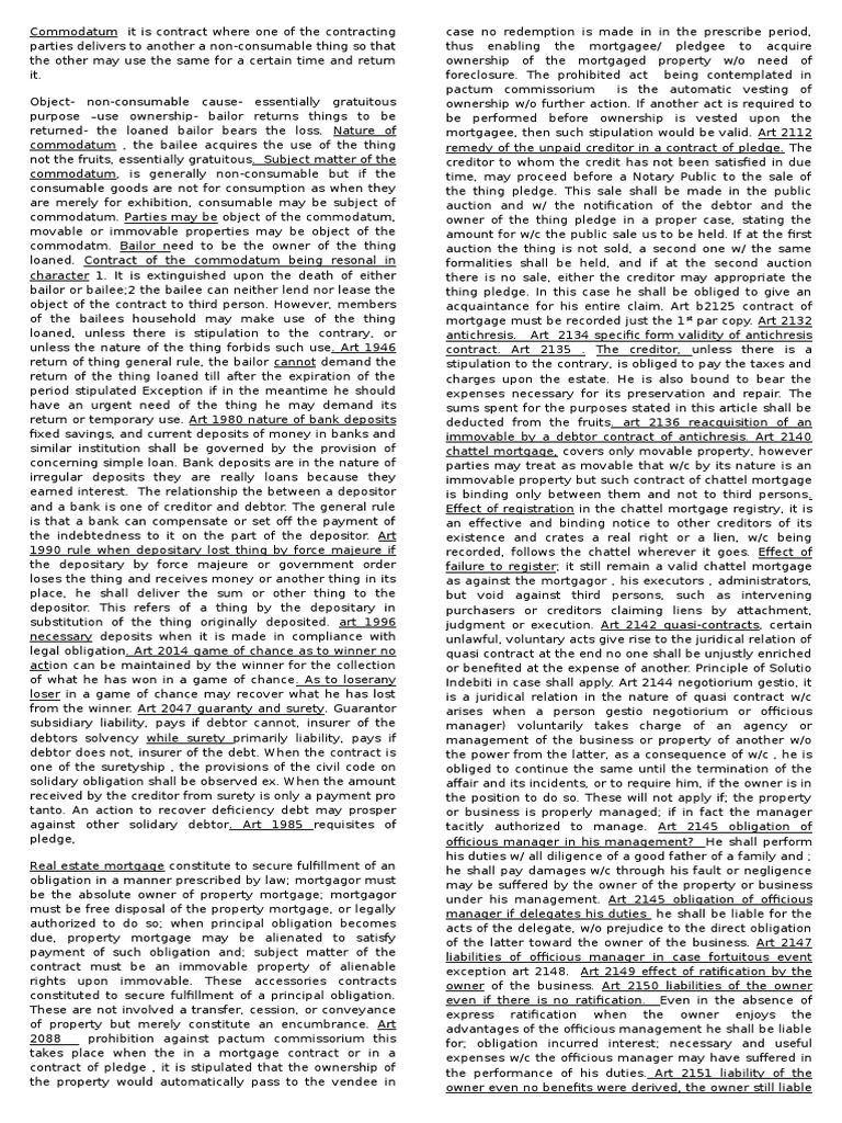 Commodatum It Is Contract Where One of The Contracting Parties Delivers ...