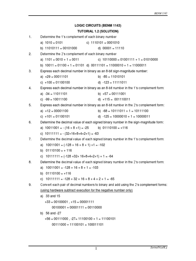 Tutorial 12 Solution Benm 1143 Logic Circuit Pdf Binary Coded Decimal Mathematical Notation 7543
