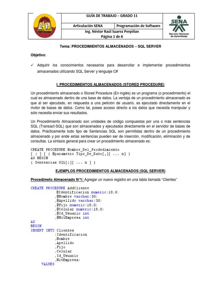 Guia9 Procedimientos+Almacenados (SQL C#) | PDF | Servidor SQL de Microsoft | SQL