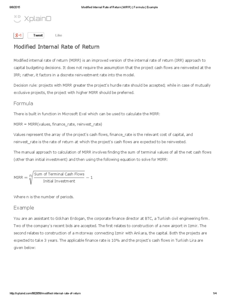 Modified Internal Rate Of Return Mirr Formula Example Internal