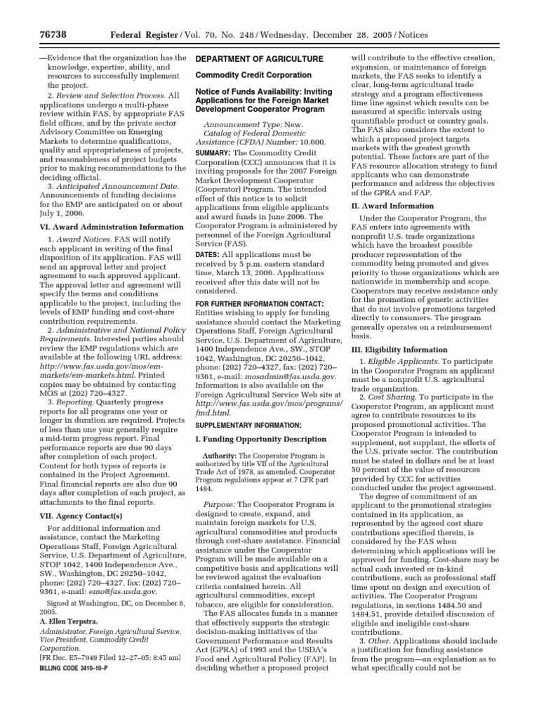 Notice: Grants and Cooperative Agreements Availability, Etc.: Foreign Market Development ...