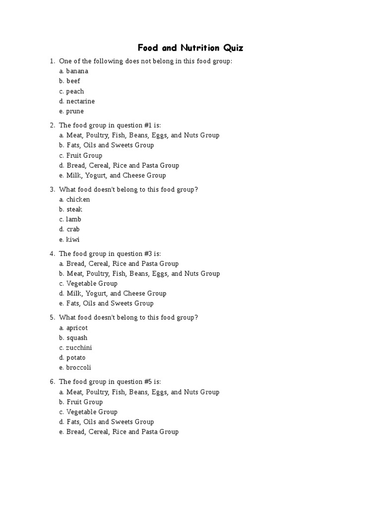 Food and Nutrition Quiz | PDF