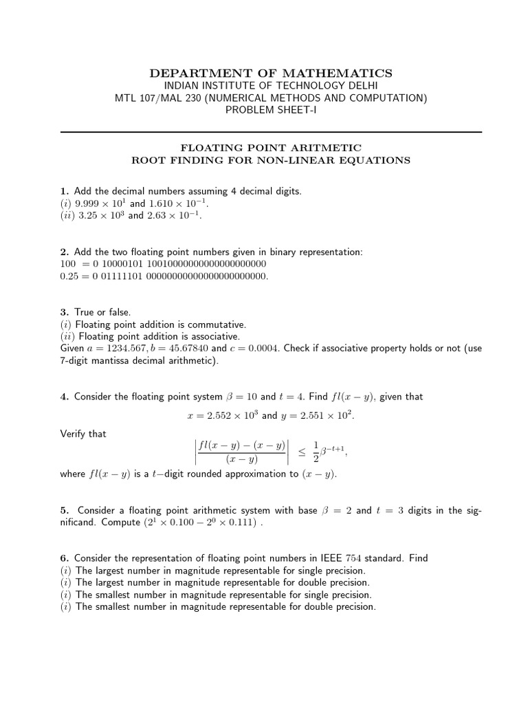 MTL107 MAL230 Problem Sheet 1 | PDF | Significant Figures | Computational Science