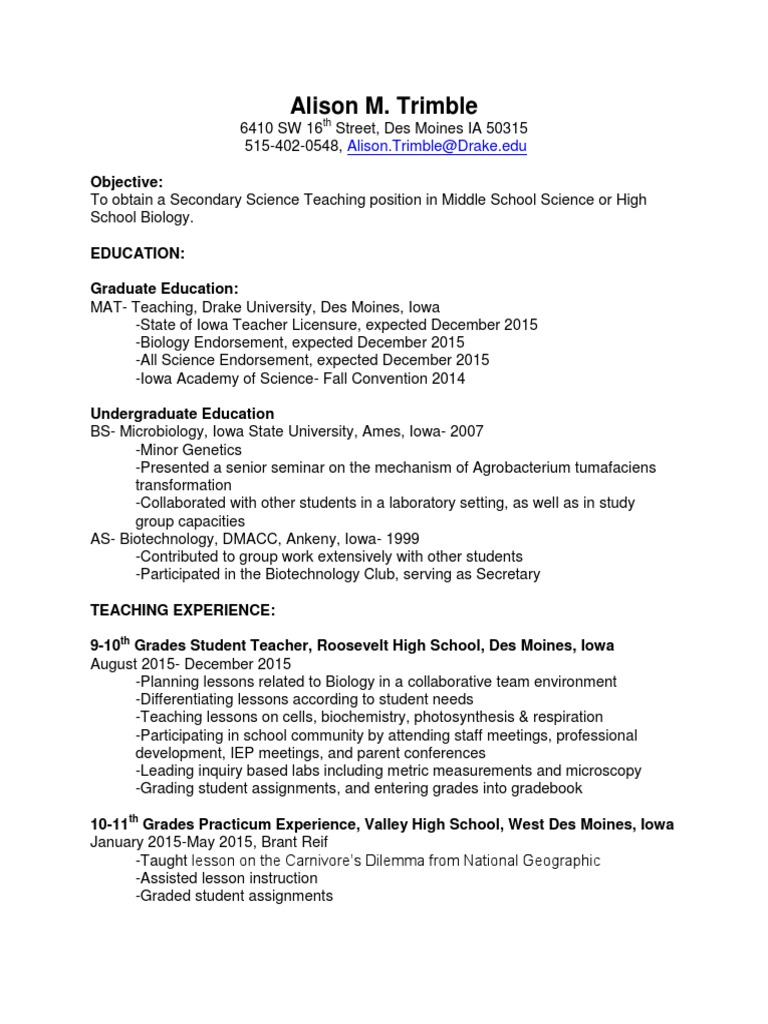 Resume CV 2015 Teaching Alison Trimble | PDF | Secondary School | Iowa