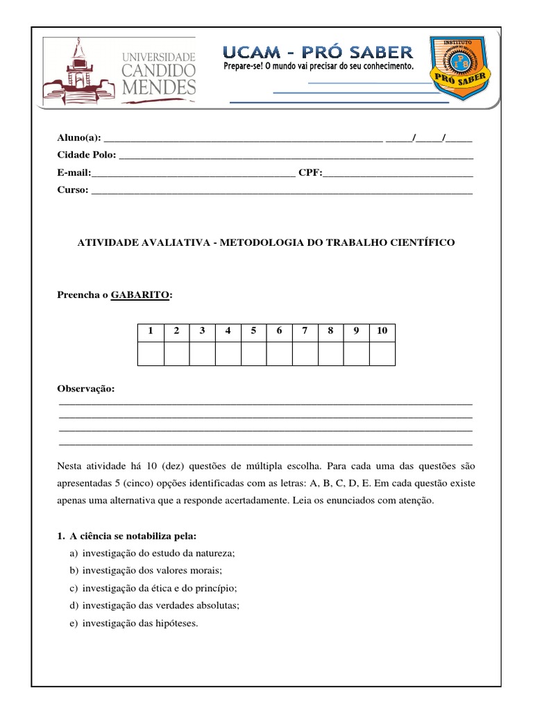 05 Atividade Avaliativa MTC | PDF | Método científico | Science