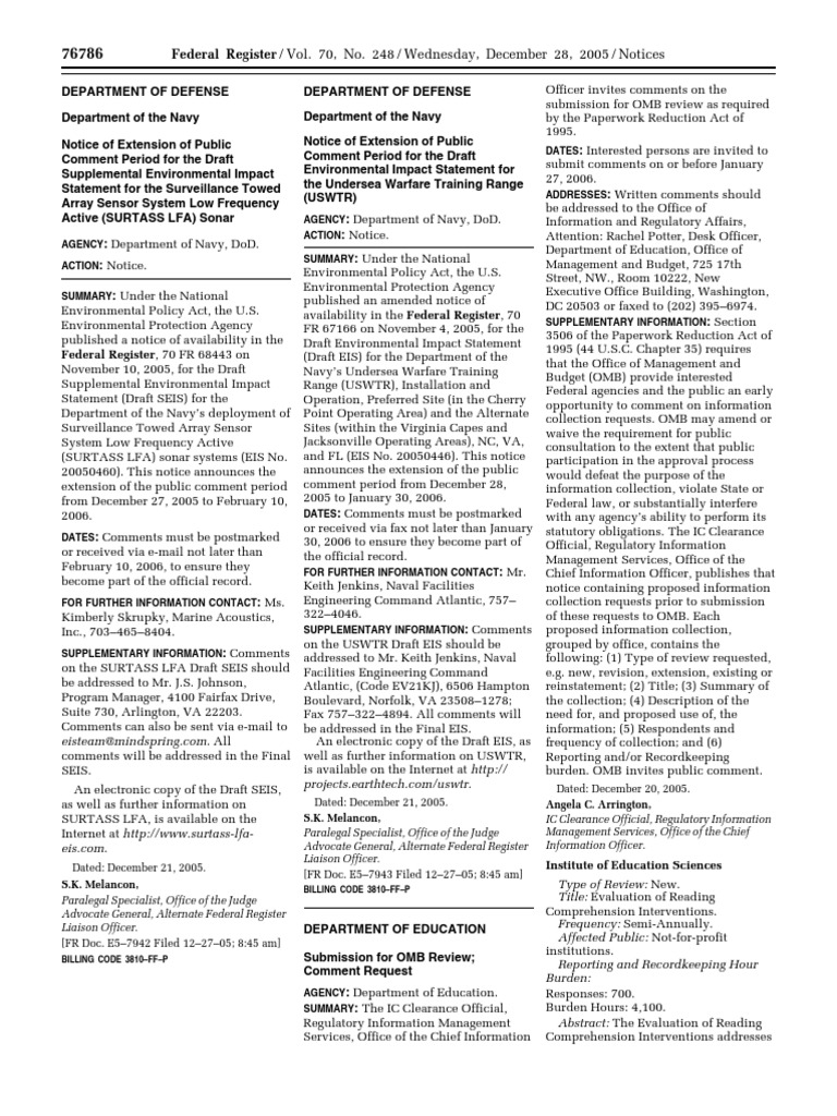 Notice: Environmental Statements Availability, Etc.: Surveillance Towed ...