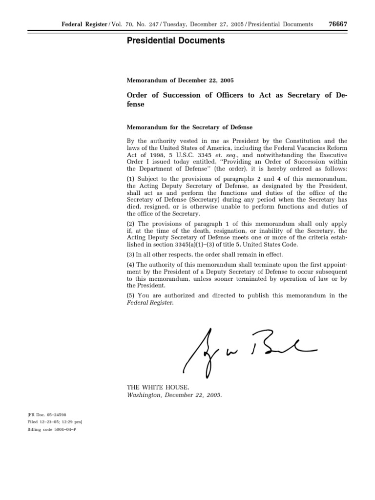 Order of Succession for Defense Secretary | PDF | Law Of The United ...