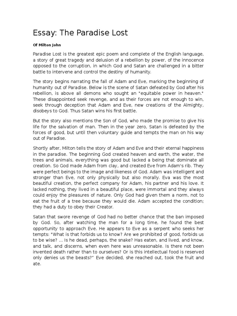 Essay The Paradise Lost1 | PDF | Paradise Lost | Adam And Eve