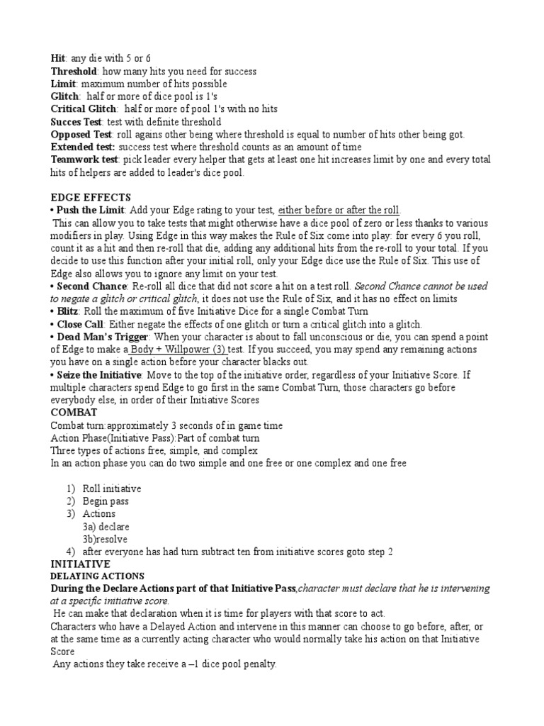 Shadowrun Cheatsheet Basics and Combat | Dice | Armour