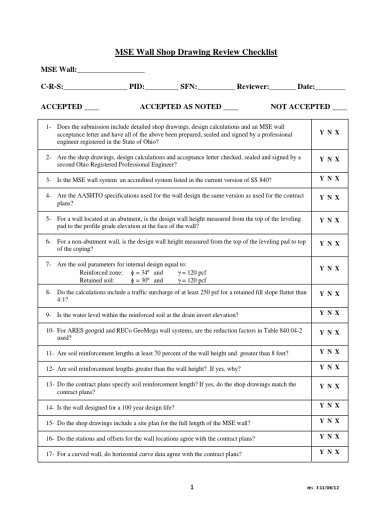 MSE Wall Shop Drawing Checklist (Rev 3) | Engineering | Building ...