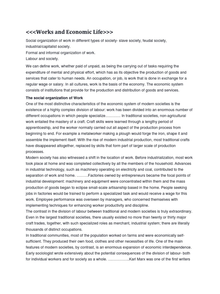 Works and Economic Life | PDF | Division Of Labour | Employment