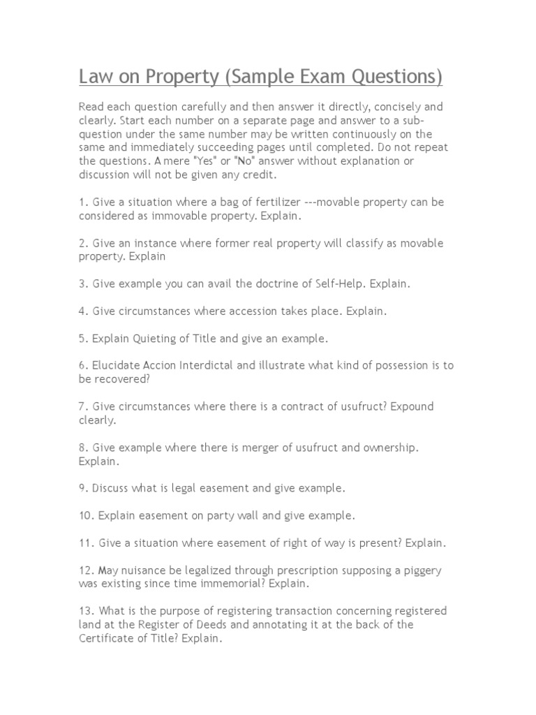 Property Law Exam Sample Questions | PDF