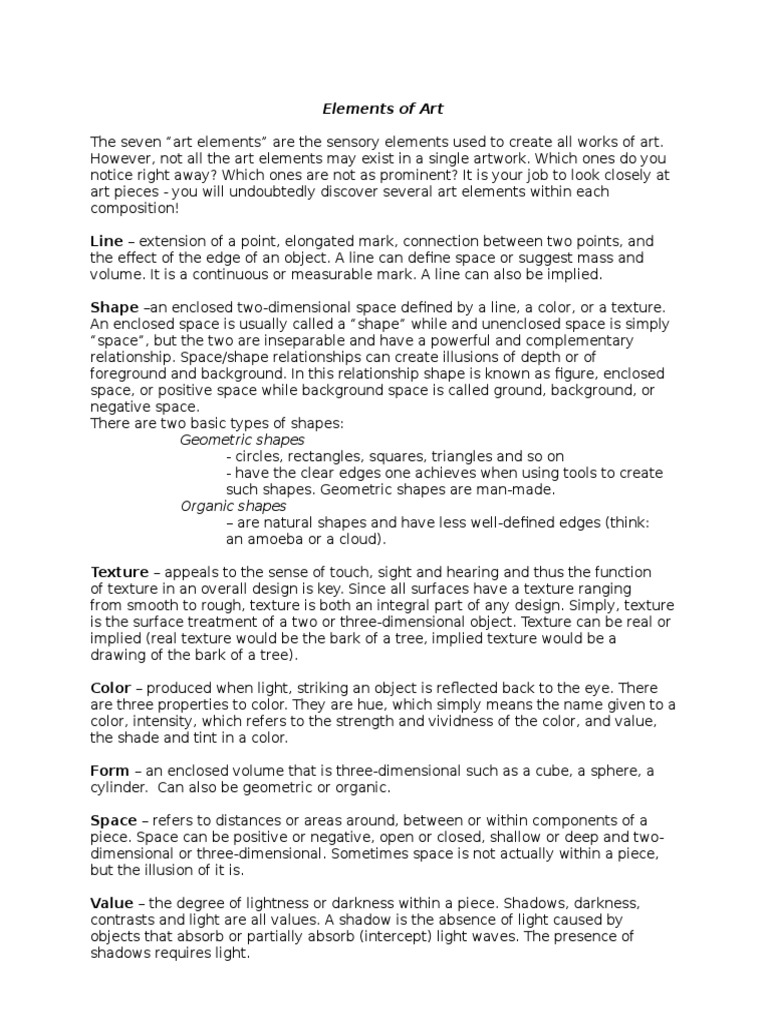 Elements of Art Principles of Design Art Criticism - Handout | PDF ...