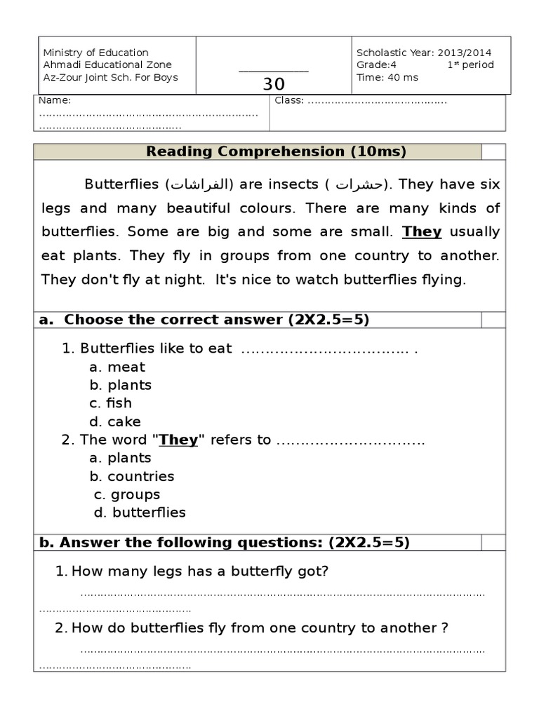 Grade 4 Reading Comprehension Test | PDF | Language Arts & Discipline