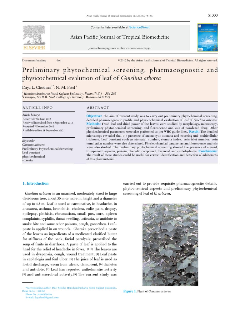 Preliminary Phytochemical Screening, Pharmacognostic and Physicochemical Evalution of Leaf of ...
