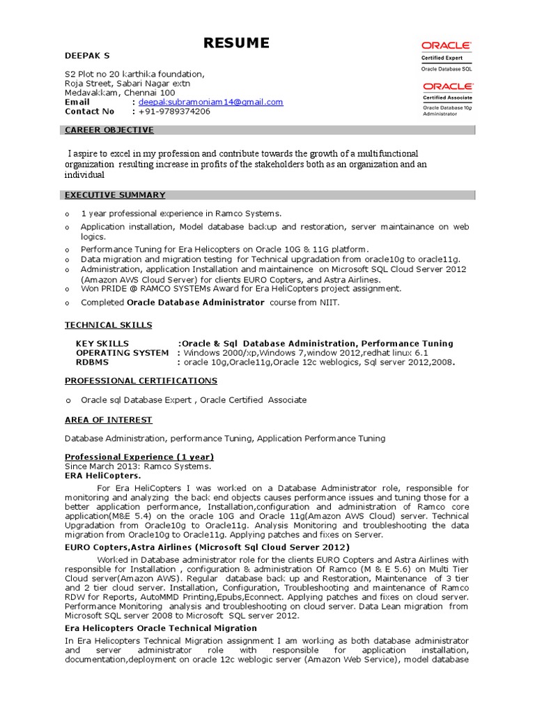 Oracle DBA Sample Resume | Oracle Database | Databases