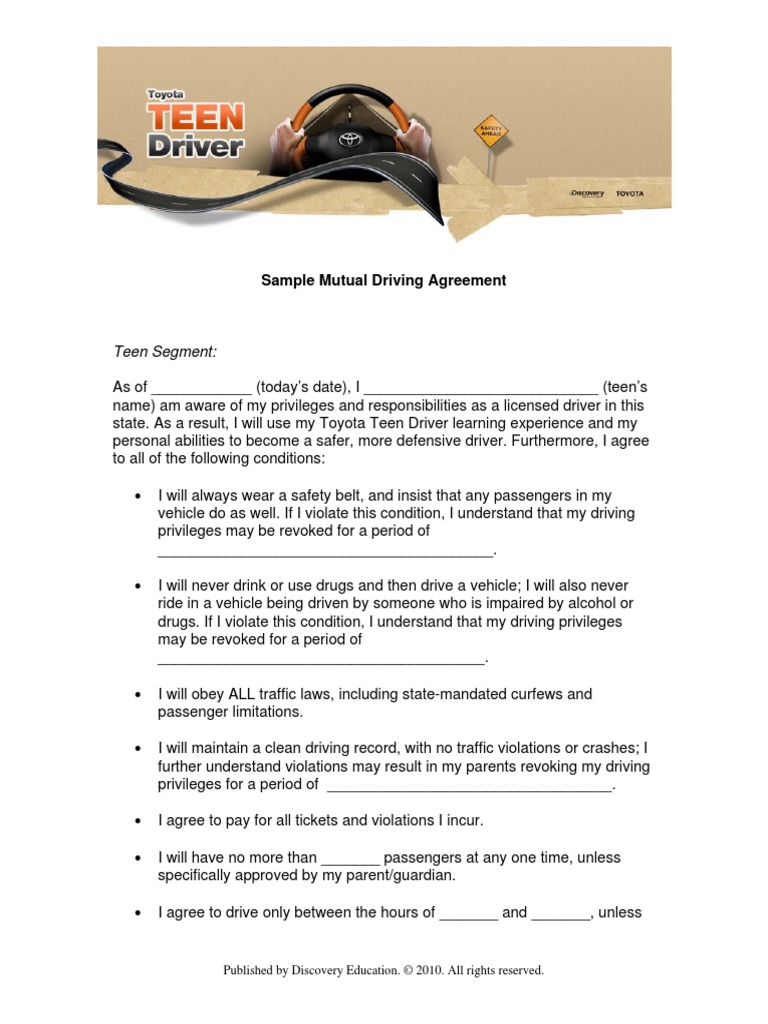 Teen Segment:: Sample Mutual Driving Agreement | Download Free PDF ...