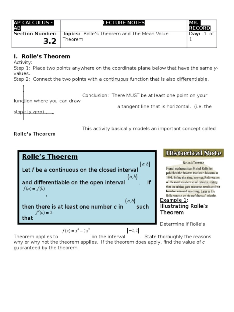 Rolle's and Mean Value Theorems Explained | PDF