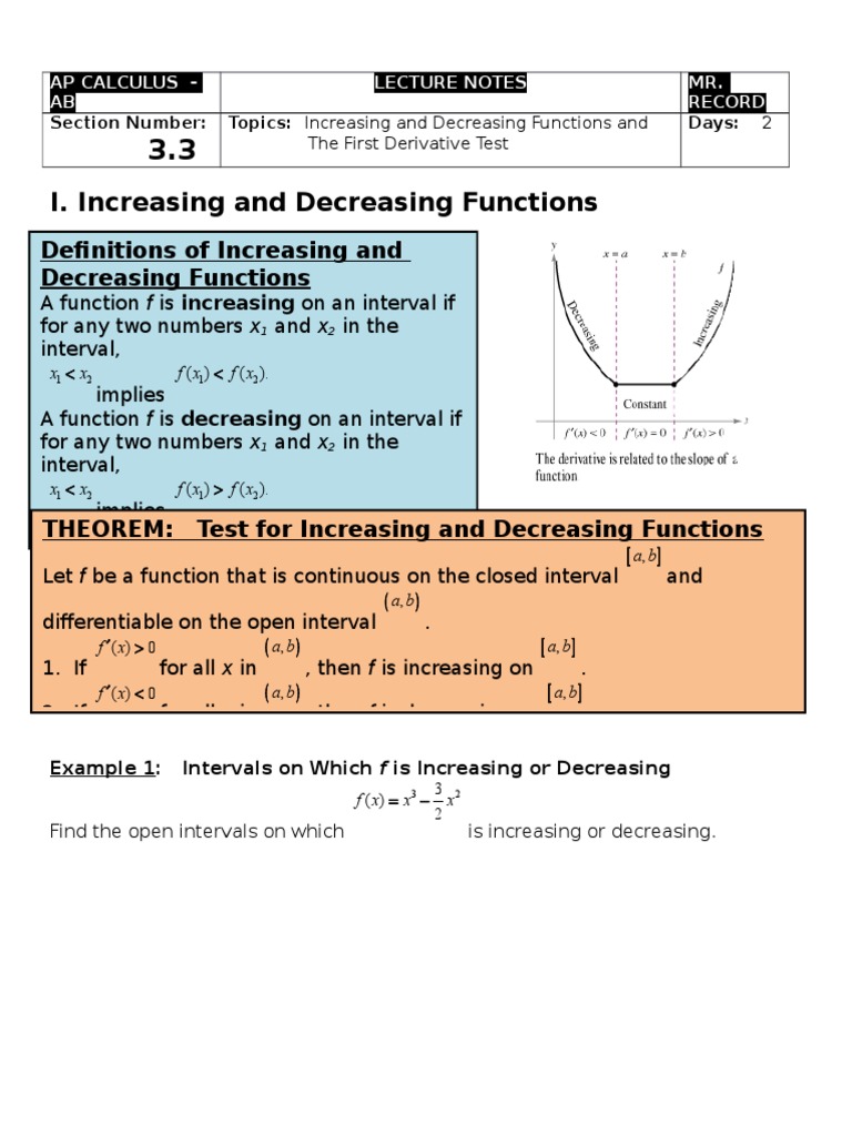 Section 3 3 - Increasing and Decreasing Functions and The First ...