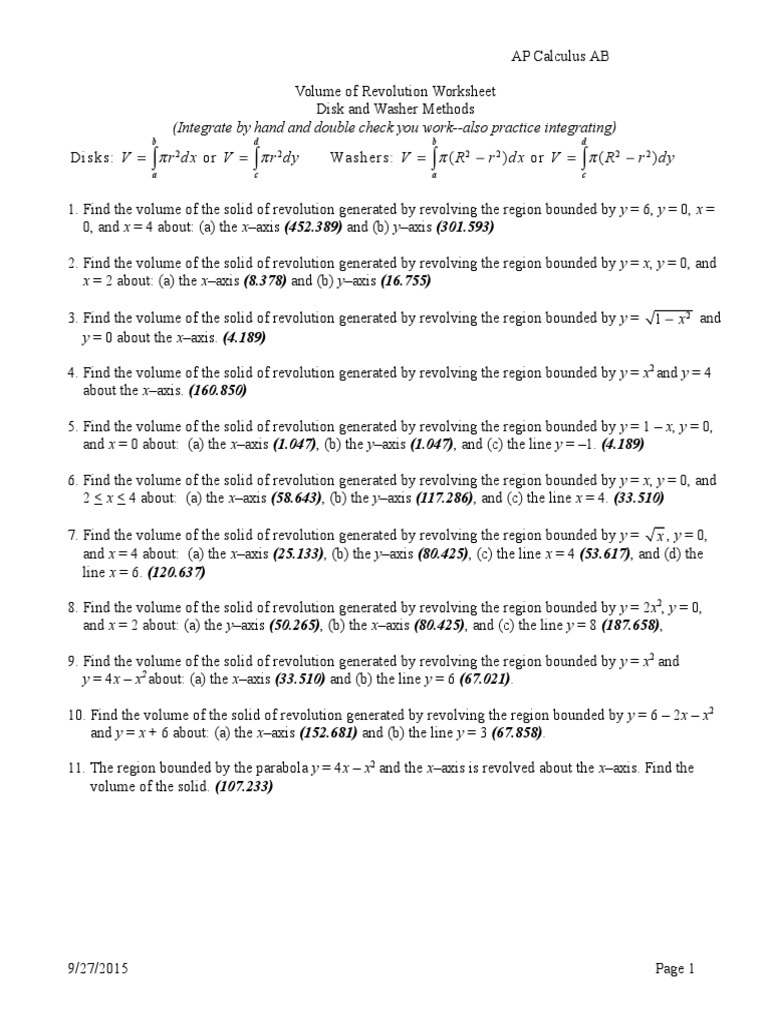Volume of Revolution Worksheet | PDF | Volume | Area